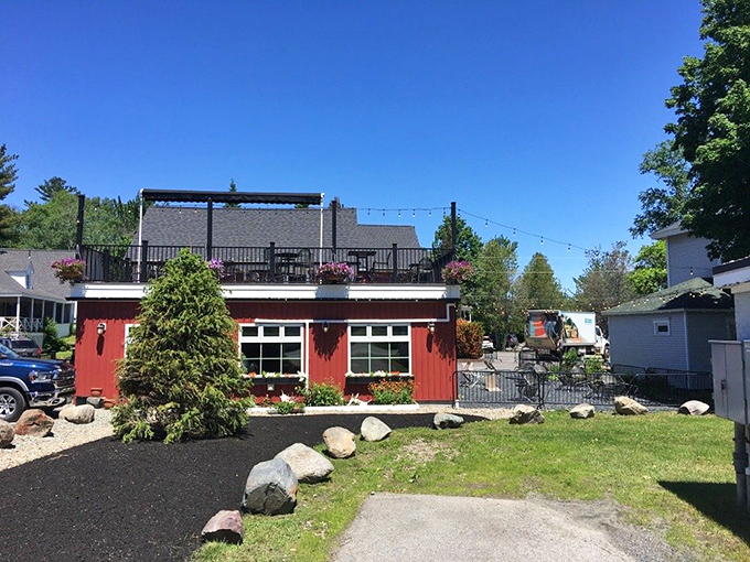 This red-painted pub proves that stress relief comes in many forms - sometimes with a side of mountain views.
