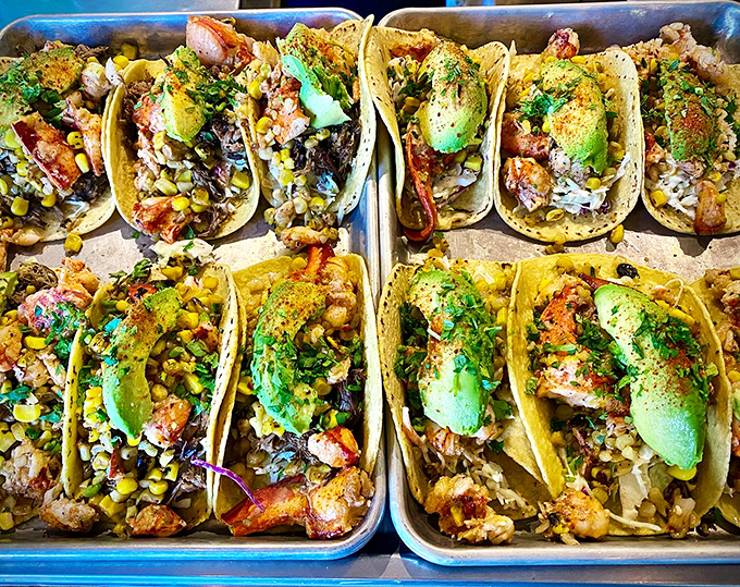 A lineup of lobster tacos so beautiful, they could make a fisherman weep with joy.