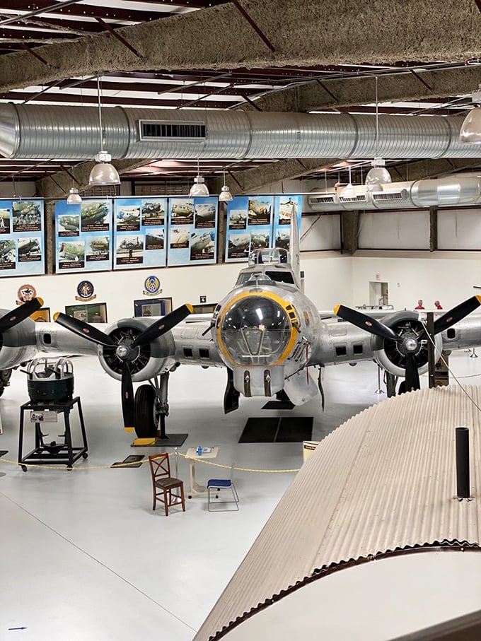 The mighty B-17's nose gleams like a chrome diner counter, inviting visitors to imagine missions over distant horizons.