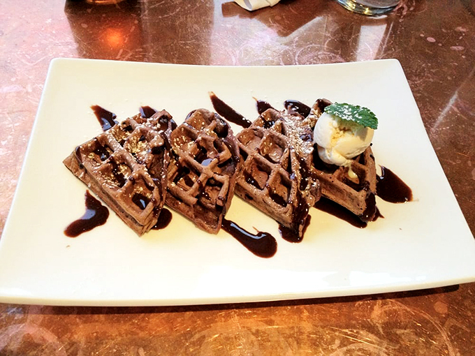Chocolate waffles drizzled with perfection &ndash; because even seafood lovers need a sweet ending to their coastal feast. Photo credit: Michael W.