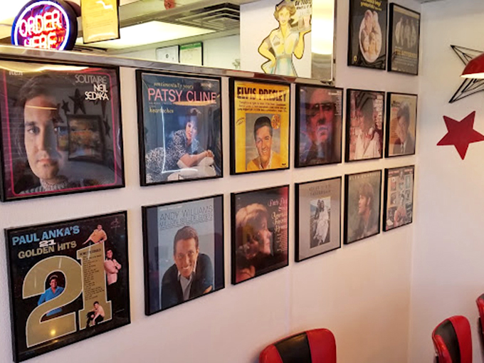 Album covers from legends like Patsy Cline and Paul Anka line the walls, serving up a side of nostalgia with every meal.