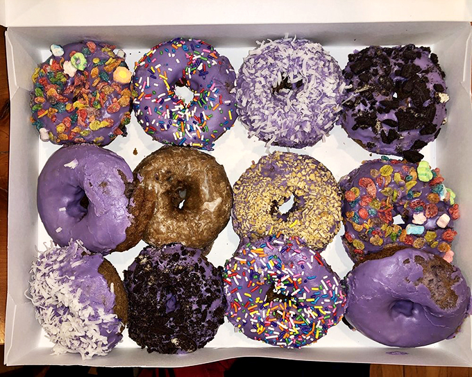 A rainbow of rings! This box of donuts is like edible jewelry, each one a precious gem of flavor waiting to be savored.