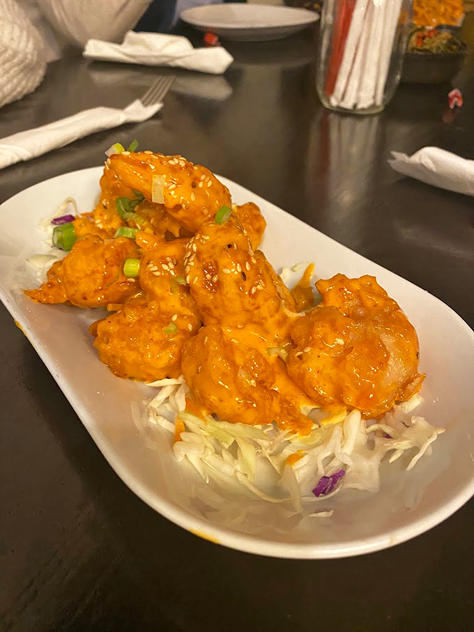 Another angle on the Firecracker Shrimp because, let's face it, food this photogenic deserves its own photoshoot. Eat it, don't tweet it!
