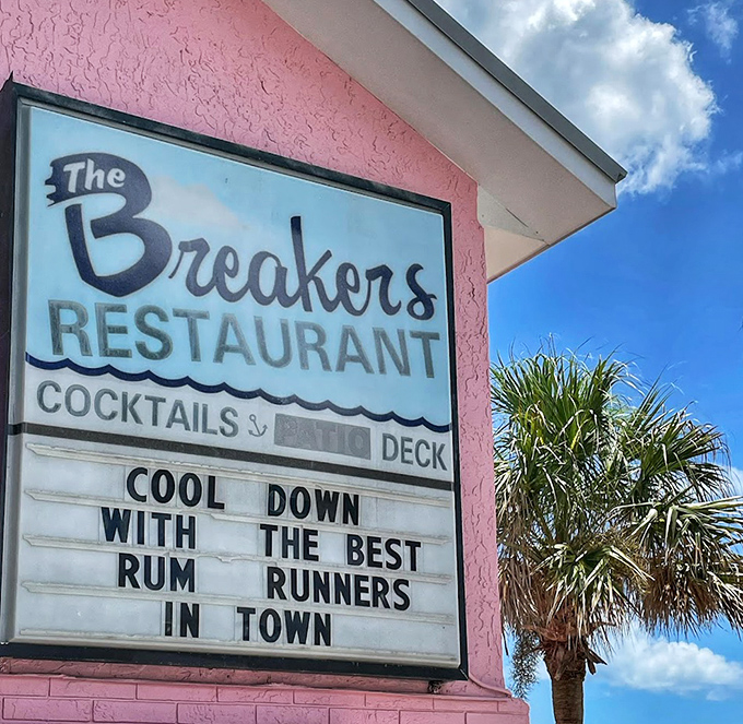 Even on cloudy days, The Breakers' cheerful exterior stands out against the moody sky – a promise that good times await inside.
