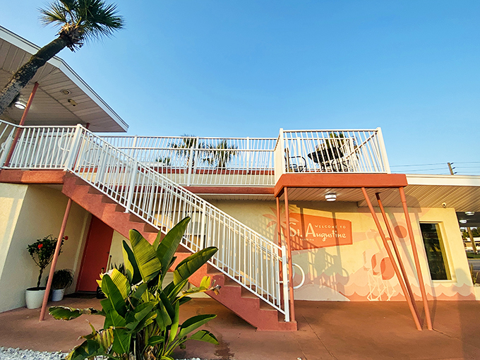 Ascend to vintage heaven on these coral-hued stairs. Each step is like climbing the stairway to a pastel paradise.