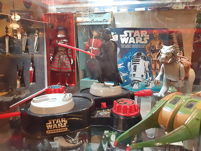 The Force is strong with this display! From Beefeaters to Darth Vader, this case proves that good guys and bad guys never go out of style.