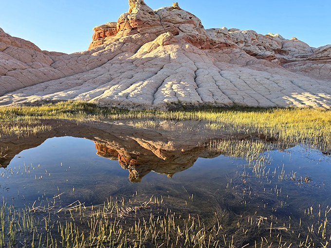 Dawn's first light creates a perfect mirror image, doubling the drama of these magnificent desert formations.
