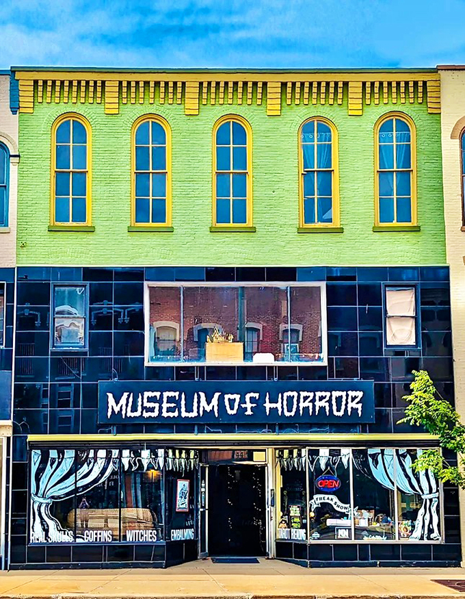 "Welcome to the house of horrors! This lime-green facade hides a world of spine-tingling delights that'll make your hair stand on end." Photo credit: Nate Thompson Video