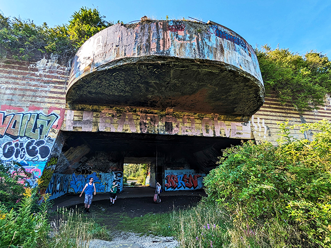 Battery Steele: Where concrete meets creativity! This WWII relic now serves as a canvas for graffiti artists, turning defense into defiance.