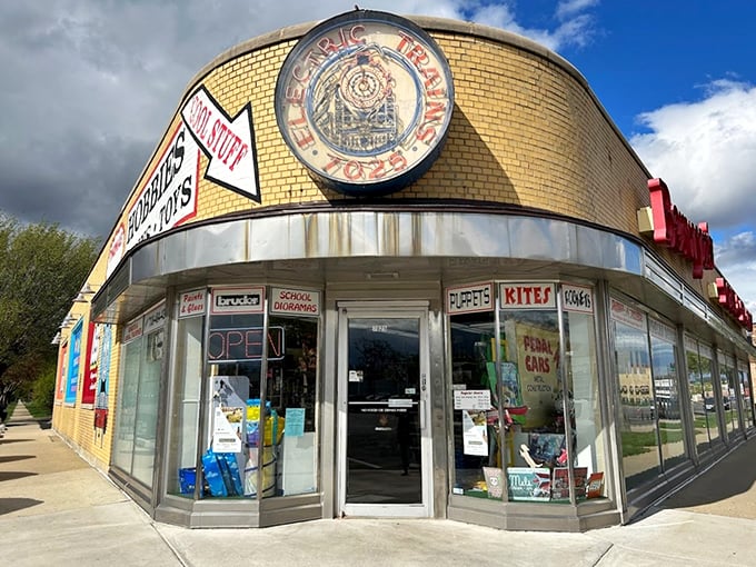 All aboard the nostalgia express! This yellow-brick wonderland is where childhood dreams come to life, complete with a time-traveling clock.