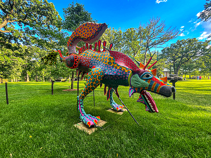 "Whimsical wonder alert! This polka-dotted creature looks ready to lead a conga line through Cantigny Park's lush lawns."