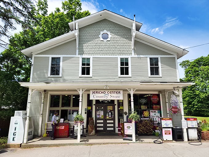 Step back in time at Jericho Center Country Store! This charming white clapboard building is like a Norman Rockwell painting come to life.