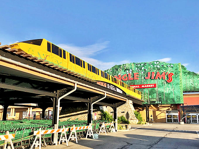 "All aboard the flavor express! Jungle Jim's monorail whisks you through a grocery wonderland that's part Willy Wonka, part United Nations."
