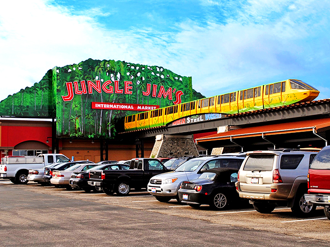 Welcome to the jungle! Jungle Jim's facade is a riot of color and whimsy, complete with a monorail that'd make Walt Disney proud.