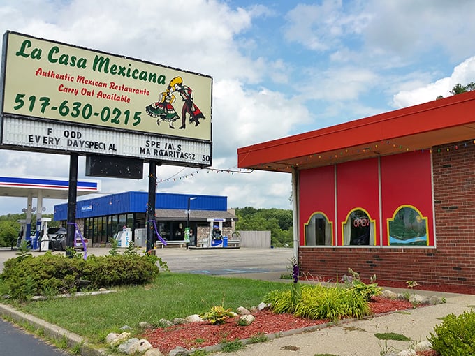Welcome to flavor town! La Casa Mexicana's sign promises authentic eats, while the colorful exterior hints at the fiesta waiting inside.