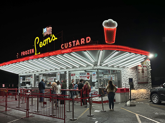 Leon's by night: A neon-lit time machine serving up scoops of nostalgia. This isn't just custard; it's a creamy trip down memory lane!