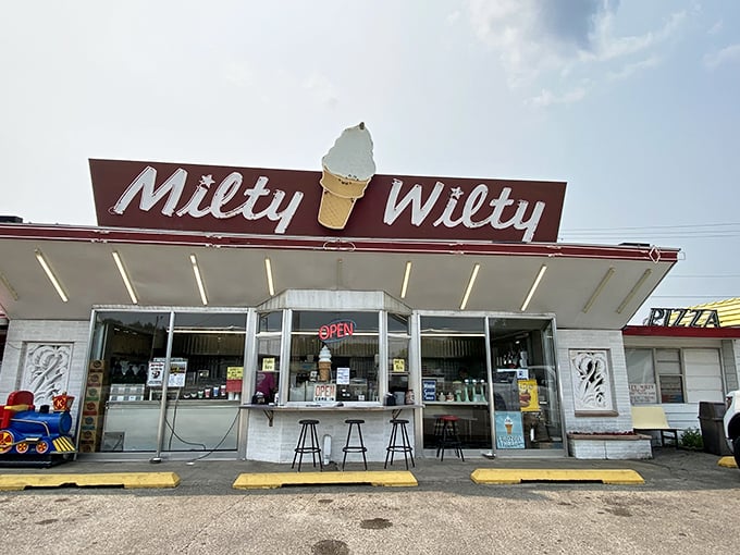 Daylight reveals Milty Wilty's charm. This time-capsule of a drive-in stands ready to serve up slices of Americana with a side of smiles.