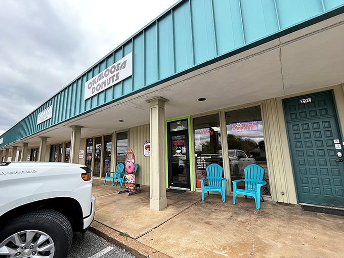 Okaloosa Yummies: Where donuts go to fulfill their glazed ambitions. Turquoise exterior, blue chairs, and a promise of sugary bliss &ndash; it's Florida's sweetest pit stop!