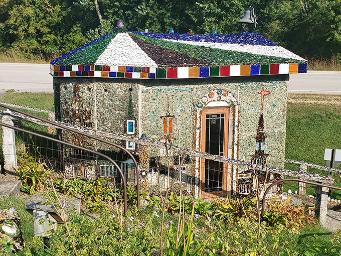 Glitter bomb meets garden gnome! This shimmering shed is what happens when retirement dreams go delightfully off the rails.