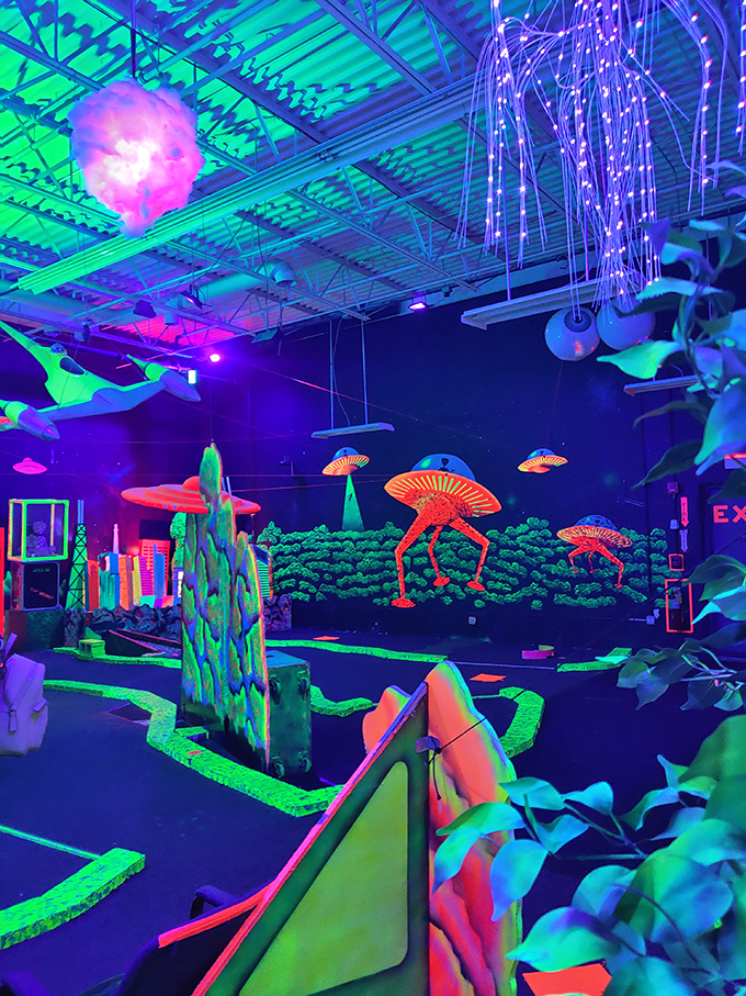 One small step for man, one giant leap for mini-golf! Space Golf's neon wonderland is like stepping into a disco on the moon. Photo credit: Karan Sharma