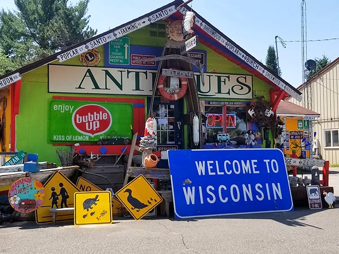 Welcome to color paradise! This shop's exterior is like a rainbow's vacation home, bursting with vintage charm and whimsical surprises.