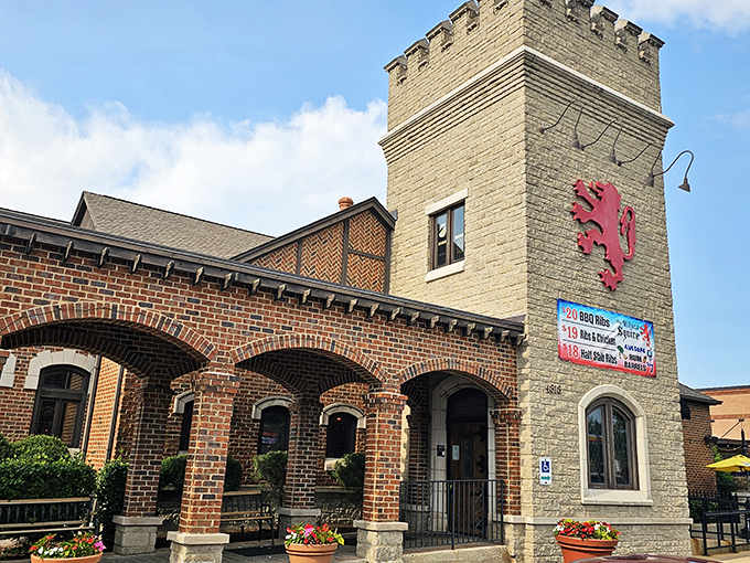 A castle fit for comfort food royalty! The Village Squire's stone tower and brick arches transport you to a medieval feast, minus the jousting.