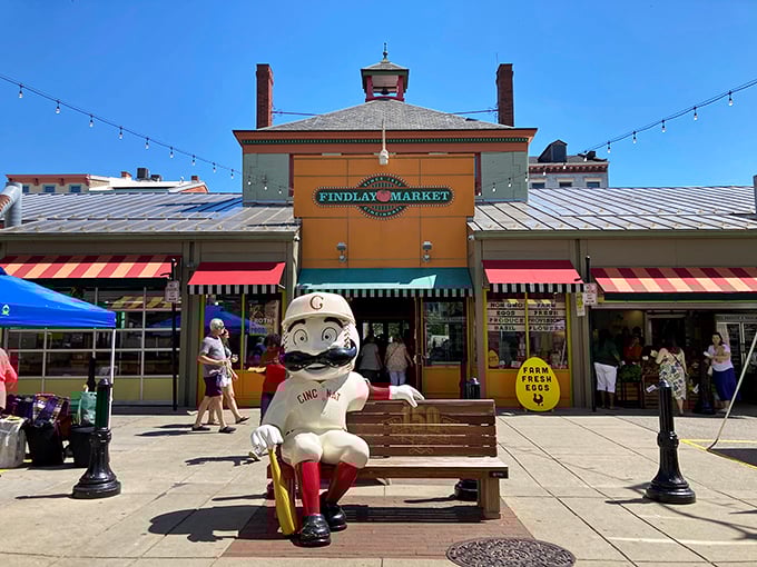 Step right up to Findlay's foodie circus! With a mascot that dapper, you know the market's got style – and probably some killer sauerkraut too.