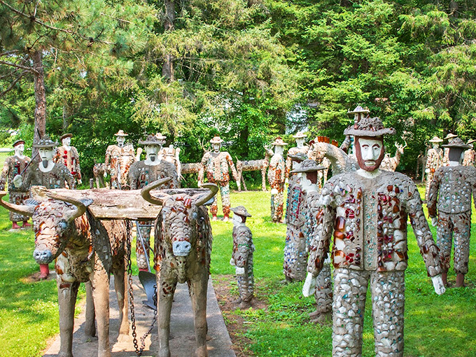 A whimsical gathering of concrete characters and animals captures the spirit of rural life, blending art and nature with colorful charm.