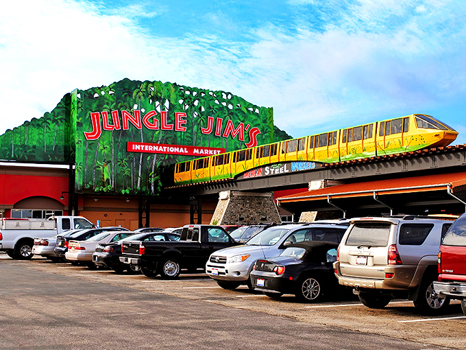 "Welcome to the supermarket safari! Jungle Jim's International Market is where your shopping cart becomes an expedition vehicle through culinary continents."