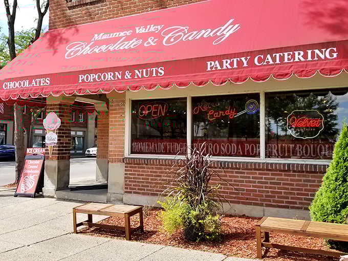 Retro candy paradise alert! This shop's neon sign is brighter than my future, but the sweet nostalgia inside is the real glow-up.