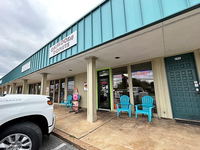 Okaloosa Yummies: Where donuts go to fulfill their glazed ambitions. Turquoise exterior, blue chairs, and a promise of sugary bliss &ndash; it's Florida's sweetest pit stop!
