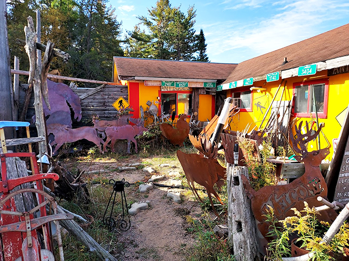 Rustic meets retro in this backyard bonanza. It's where road signs retire and metal moose come to mingle.