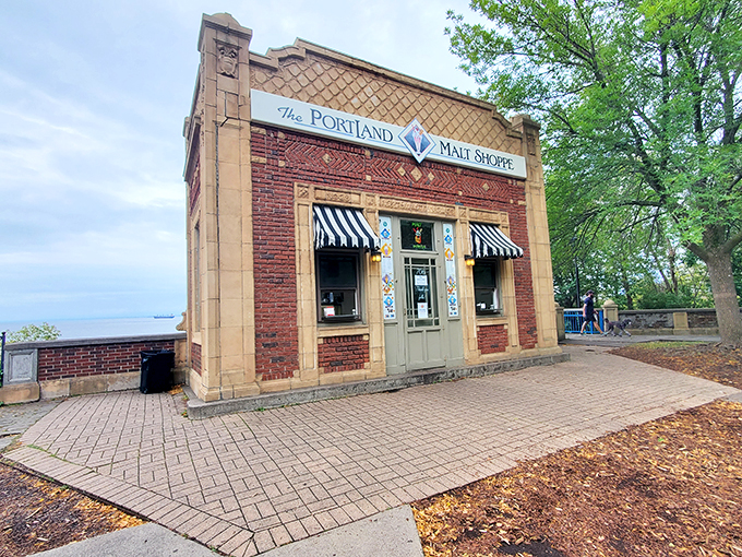 Step into a Norman Rockwell painting come to life! The PortLand Malt Shoppe's striped awnings and neon sign promise sweet memories in the making. Photo credit: Logen Mattsen