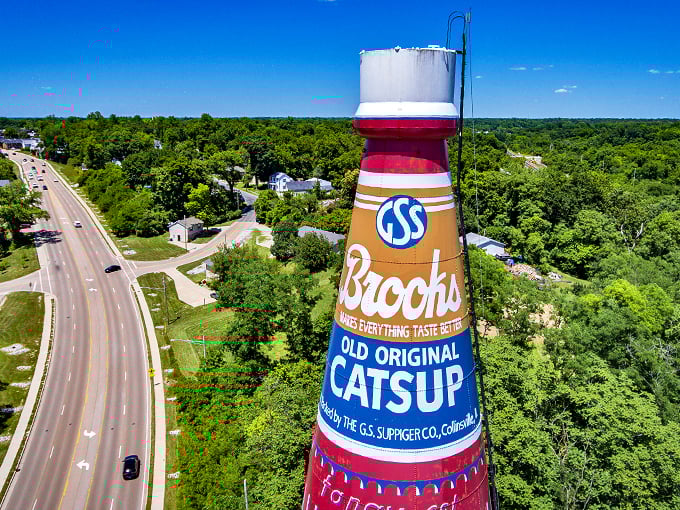 Ketchup lovers, relish this sight! Brooks' giant bottle stands tall, a testament to America's love affair with tomato-based condiments.