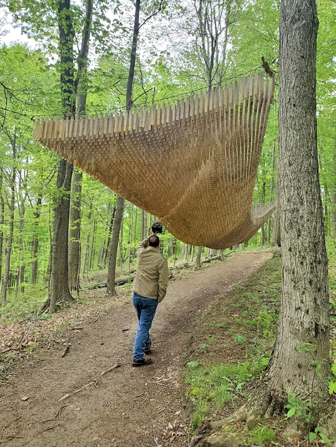 Wooden waves or Mother Nature's Jenga? This mind-bending installation will have you questioning gravity and your carpentry skills.