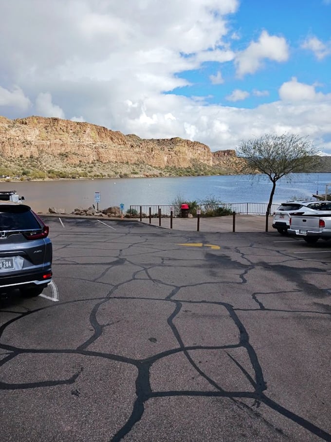 Who needs an oasis when you've got this view? Saguaro Lake's parking lot offers a tantalizing glimpse of the aquatic adventure that awaits.