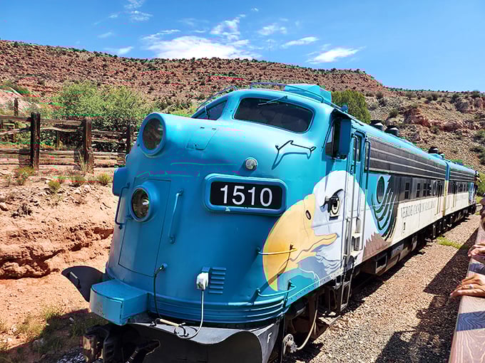 Meet the star of our show: Engine 1510, looking like it just rolled off the set of a Wes Anderson film. This turquoise beauty is ready for its close-up!