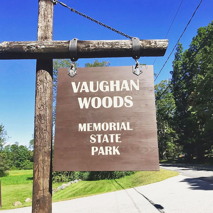 "Welcome to Vaughan Woods," the sign says. But it might as well read, "Abandon all stress, ye who enter here."