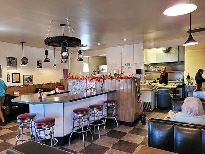 Step into a Norman Rockwell painting come to life. Miz Zip's interior is a feast for the eyes, with its classic diner counter and nostalgic decor.