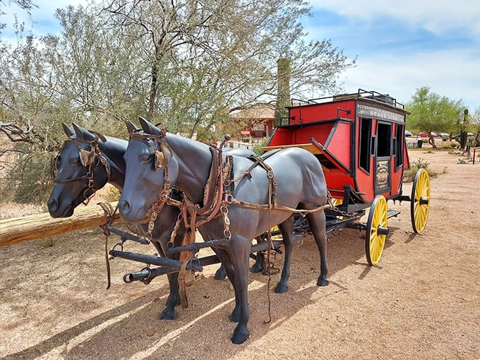 This vintage stagecoach display reminds visitors of Apache Junction's wild frontier days, when horses ruled the dusty desert trails.