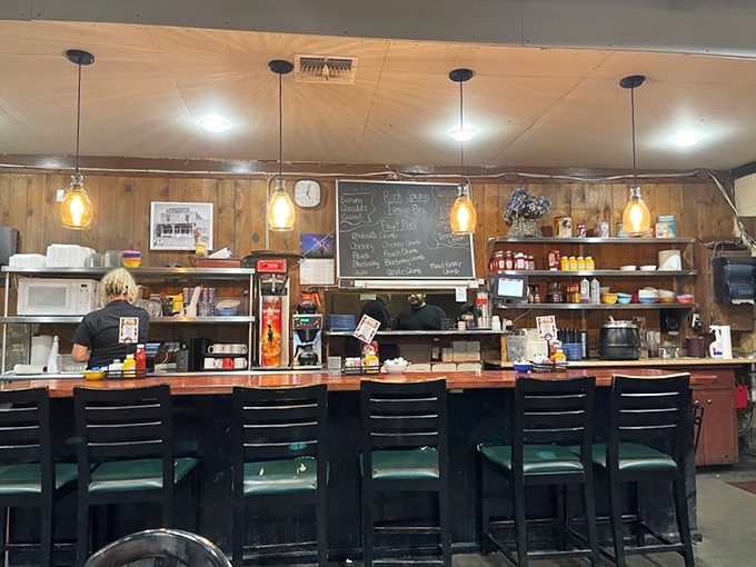 A chalkboard menu showcases the day's pie offerings, each name promising a slice of homestyle heaven.