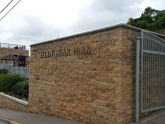 "Bearly" containing our excitement! This stone entrance is the gateway to a world of fun, where teddy bears rule and laughter echoes through the air.