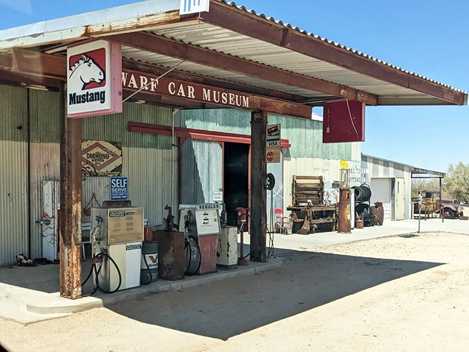 Welcome to the quirkiest pit stop on Route 66! This unassuming facade hides a treasure trove of miniature marvels that'll make you feel like Gulliver in Lilliput.