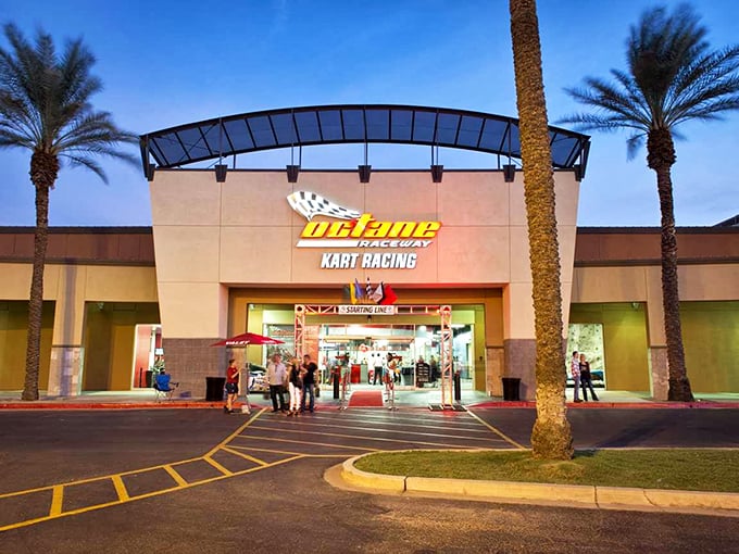 Night or day, Octane Raceway's entrance beckons thrill-seekers like a siren call for speed demons. It's the Disneyland of go-karts!