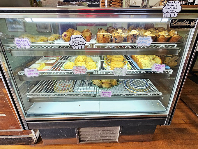 Like a treasure chest of morning delights, the bakery case tempts with fresh-baked muffins and pastries that would make grandma proud.