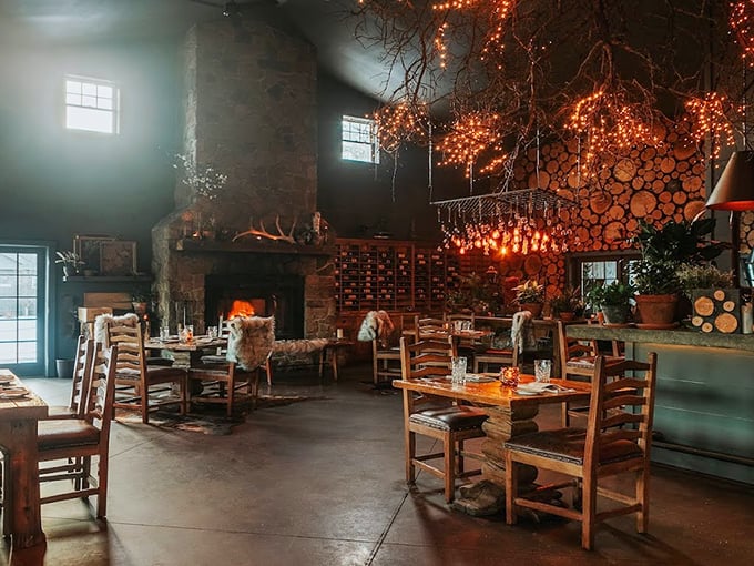 Twinkling lights dance across stacked wood walls while a crackling fireplace sets the mood for an enchanted forest feast. Photo credit: Earth at Hidden Pond