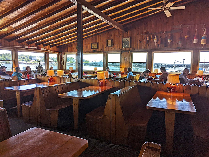 Wooden booths worn smooth by decades of happy diners, with windows framing postcard-perfect views of Casco Bay's sparkling waters.