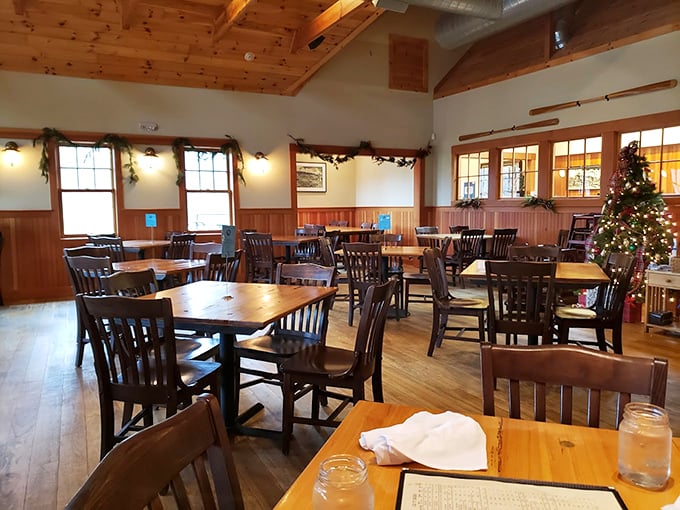 Rustic wooden beams and holiday charm create the perfect backdrop for memorable meals and maritime tales.