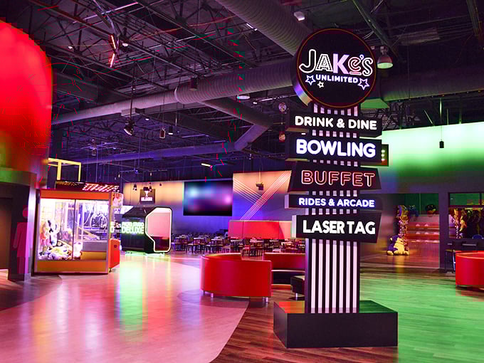 Step into a neon wonderland that puts Vegas to shame. Jake's Unlimited isn't playing around when it comes to entertainment options. Photo credit: Jake's Unlimited