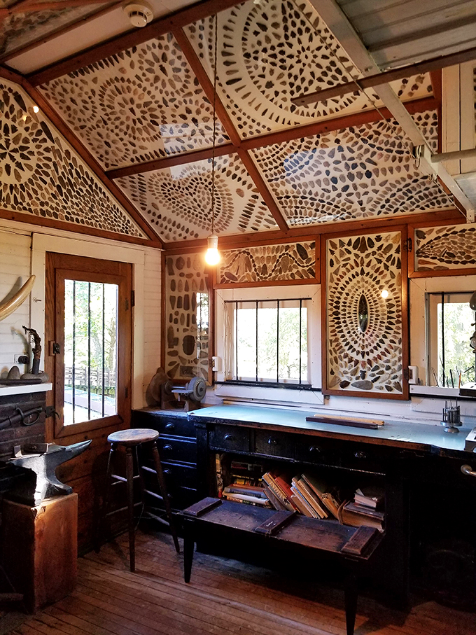 Step into Mooney's mind! This workshop, with its mesmerizing button-adorned ceiling, is where wood dreams come true and creativity knows no bounds.